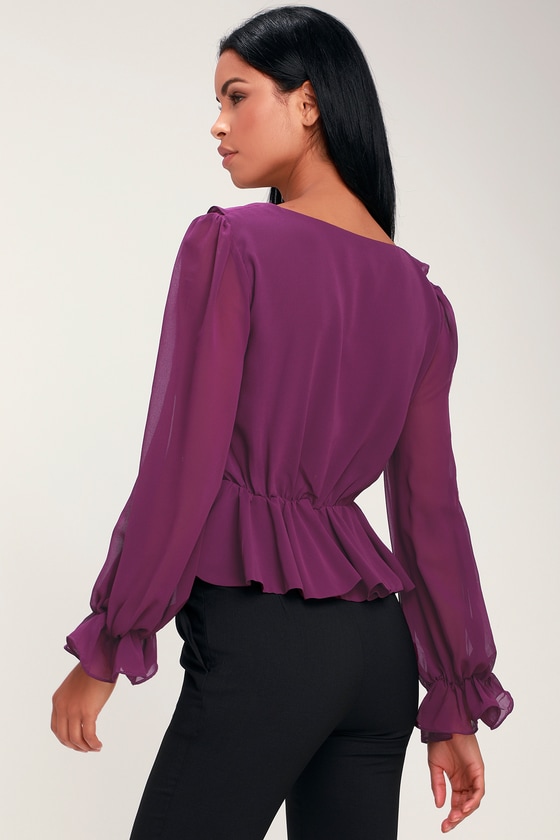 Chic Purple Top Peplum Top Button Up Top Long Sleeve Top Lulus