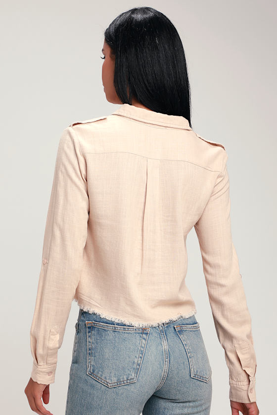 Cute Beige Top - Button-Up Top - Crop Top - Raw Hem Top - Lulus