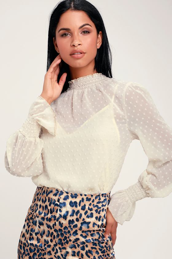 Cute Ivory Top - Woven Swiss Dot Top - Mock Neck Top - Lulus
