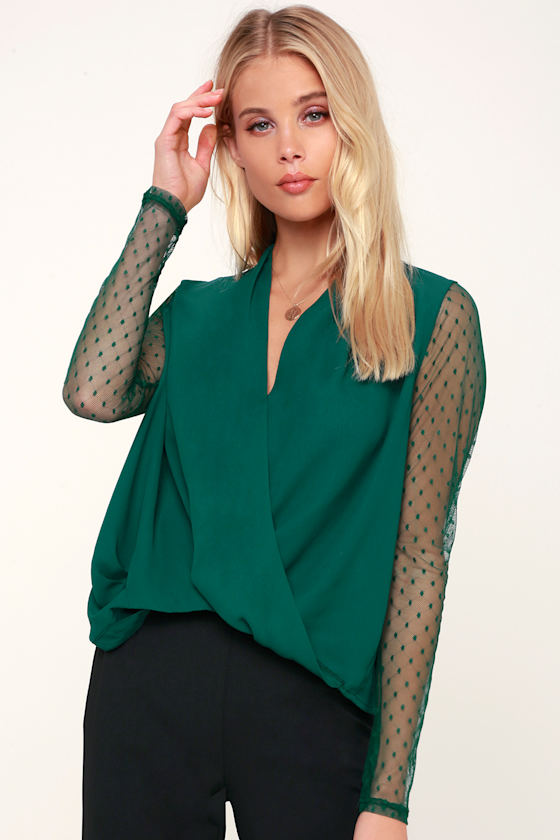 Sexy Forest Green Top - Long Sleeve Top - Swiss Dot Top - Lulus