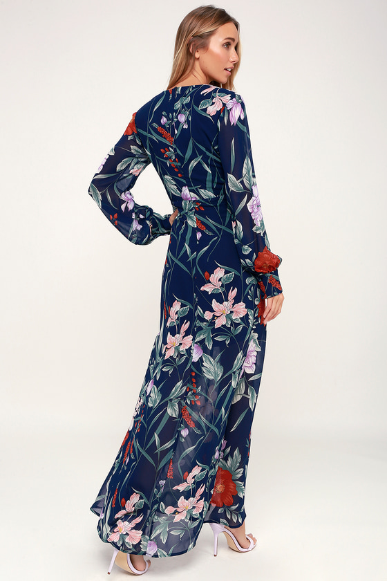 Cute Navy Blue Maxi Floral Print Maxi Dress Long Sleeve Maxi Lulus