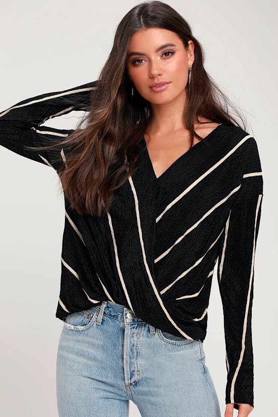 LUSH Top - Black Striped Top - Surplice Top - Long Sleeve Top - Lulus