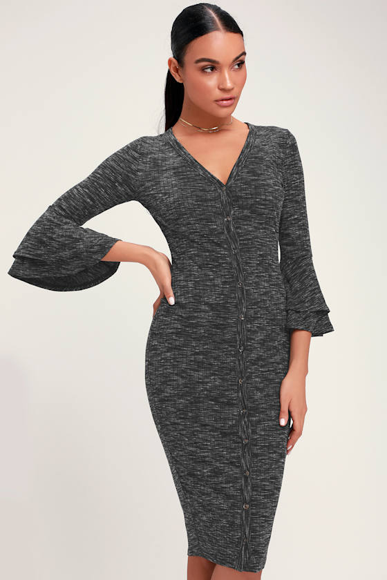 Chic Heathered Black Sweater Dress - Button-Up Sweater Dress - Lulus