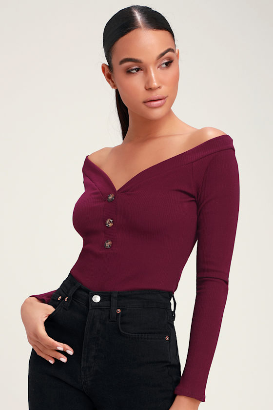 Burgundy Bodysuit - Ribbed Bodysuit - Off-the-Shoulder Bodysuit - Lulus
