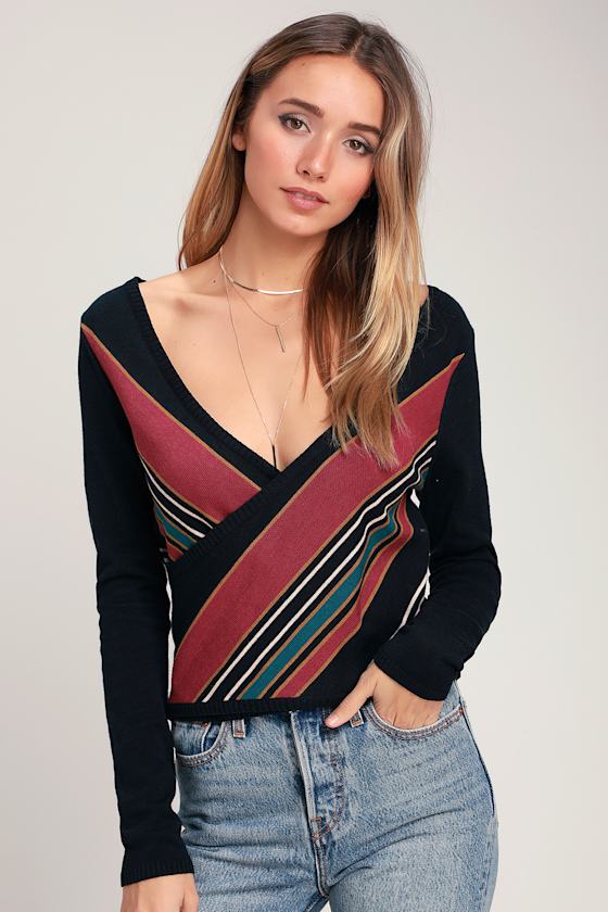 RVCA Tilted - Black Multi Stripe Sweater - Surplice Sweater Top - Lulus