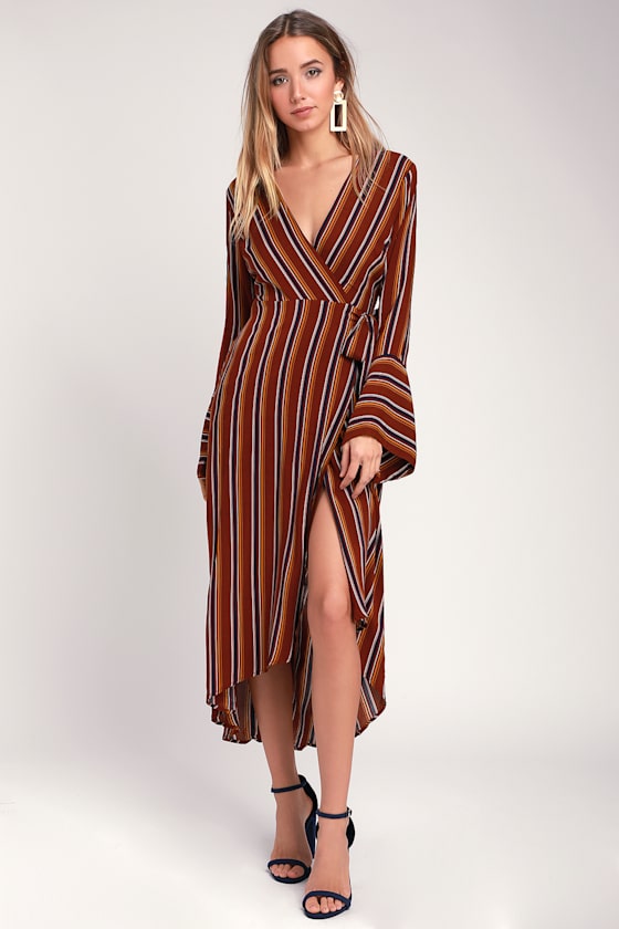 Chic Rust Red Striped Dress - Wrap Dress - Midi Dress - Dress - Lulus