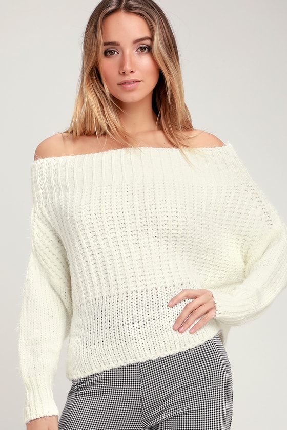 Ivory Sweater Eyelash Knit Sweater Off The Shoulder Sweater Lulus