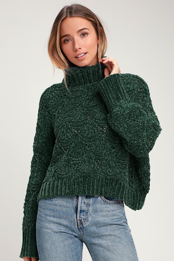 Dark Green Chenille Knit Sweater - Chenille Turtleneck Sweater - Lulus
