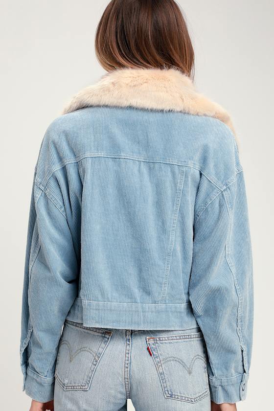 Cute Light Blue Corduroy Jacket - Faux Fur Trim Jacket - Jacket - Lulus
