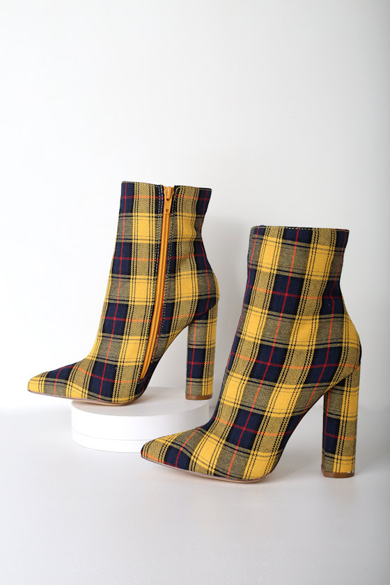 Cute Plaid Booties - Yellow Plaid Booties - Mid-Calf Booties - Lulus
