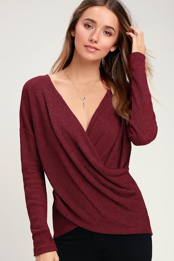 LUSH Sweater Top - Wine Red Sweater Top - Surplice Sweater Top - Lulus