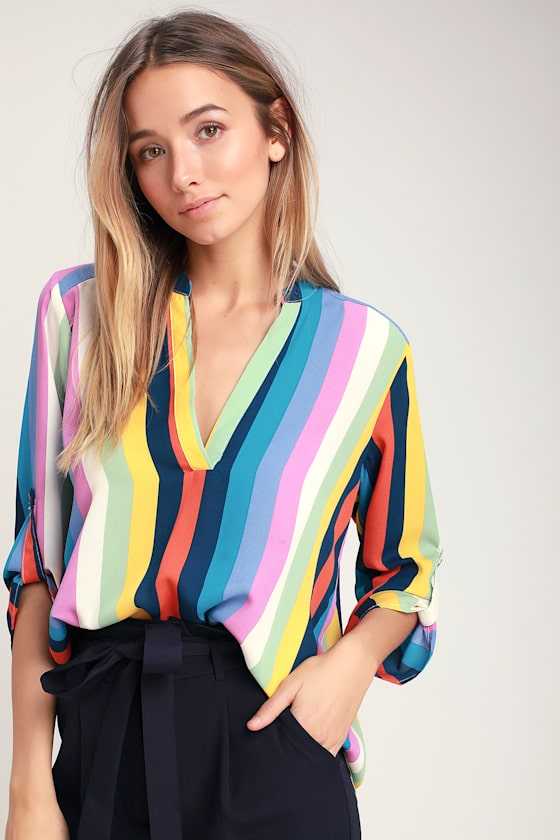 Lush Blue Multi Striped Top - Striped Top - V-Neck Top - Blouse - Lulus