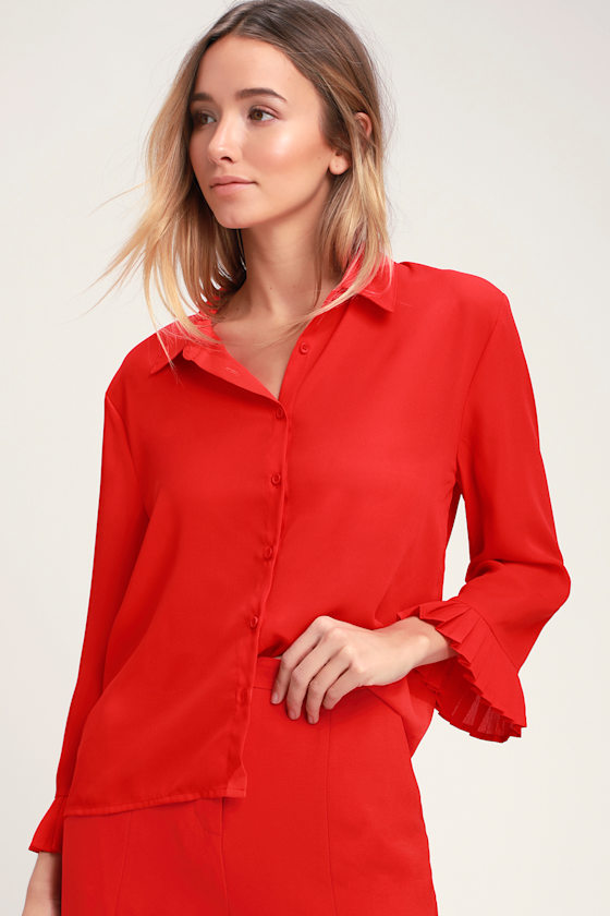 Chic Red Top - Flounce Sleeve Top - Office Top - Pleated Top - Lulus