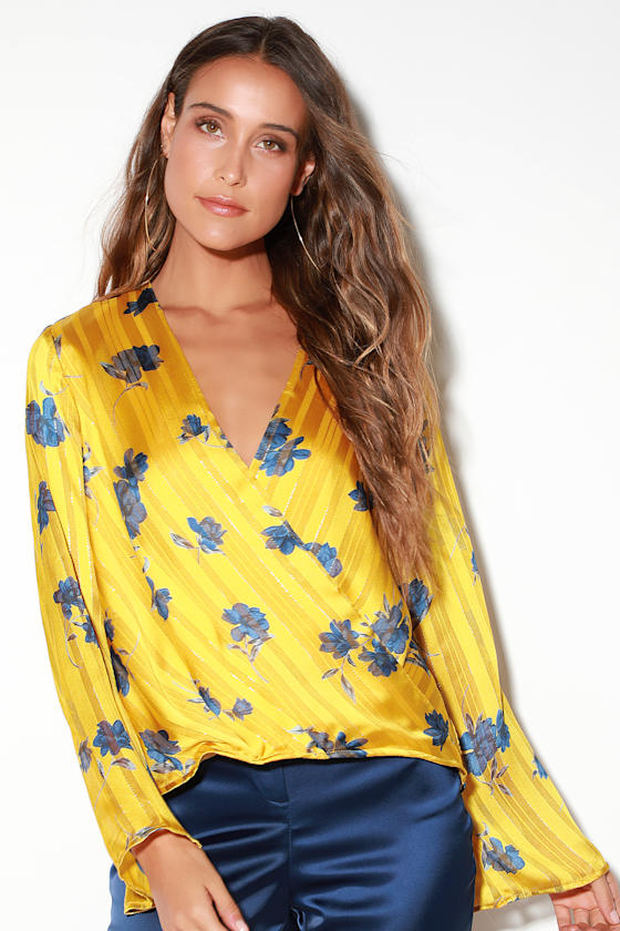 Chic Mustard Yellow Top - Floral Print Top - Surplice Top - Top - Lulus
