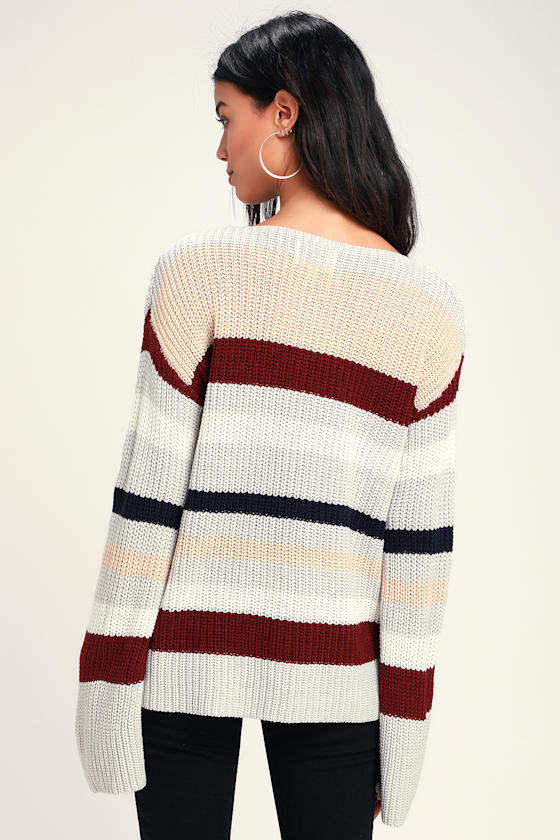Cute Grey Multi Striped Sweater - Bell Sleeve Sweater - Sweater - Lulus