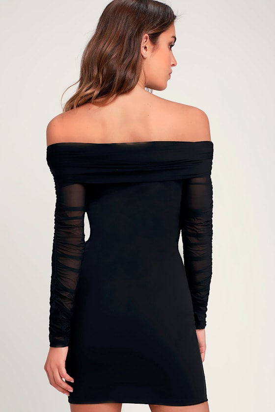 Sexy Black Bodycon Dress - Mesh Off-the-Shoulder Dress - LBD - Lulus