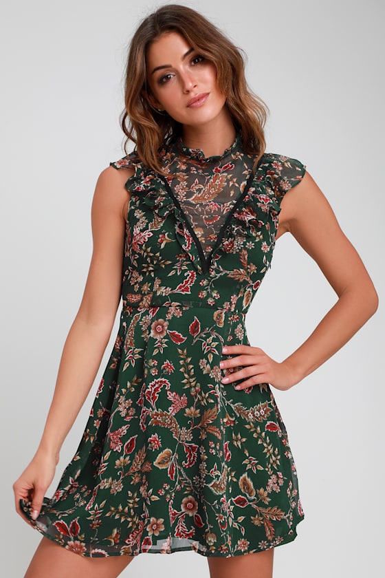Moon River Dress - Green Floral Print Dress - Ruffled Mini Dress - Lulus