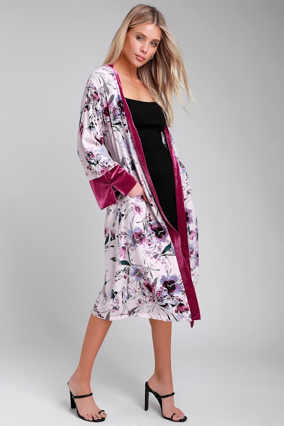 Glam Lavender Robe - Floral Print Robe - Velvet-Trimmed Robe - Lulus