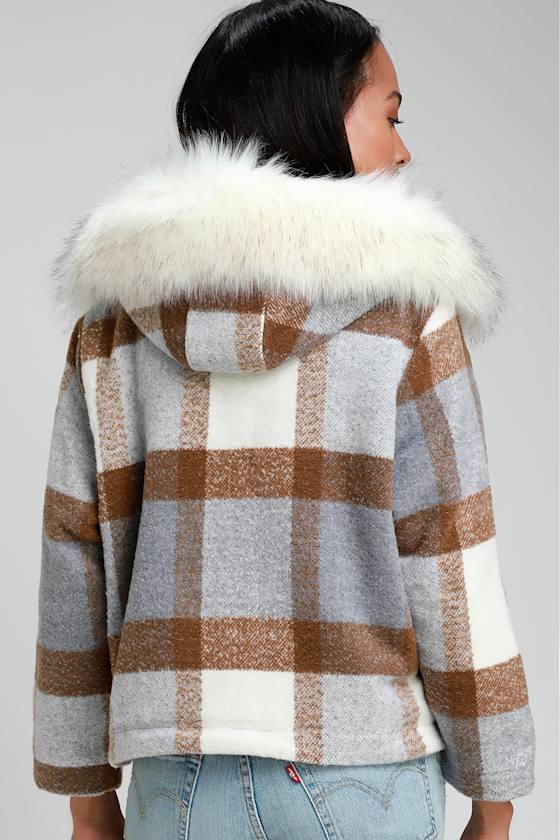 Cute Plaid Coat - Faux Fur Coat - Hooded Coat - Light Blue Coat