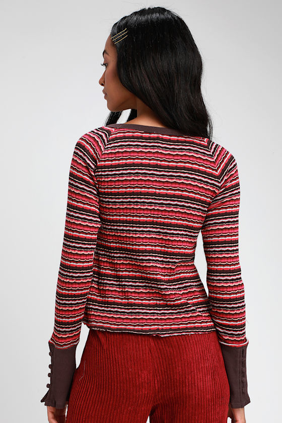 Free People Donna - Burgundy Multi Stripe Top - Long Sleeve Top - Lulus