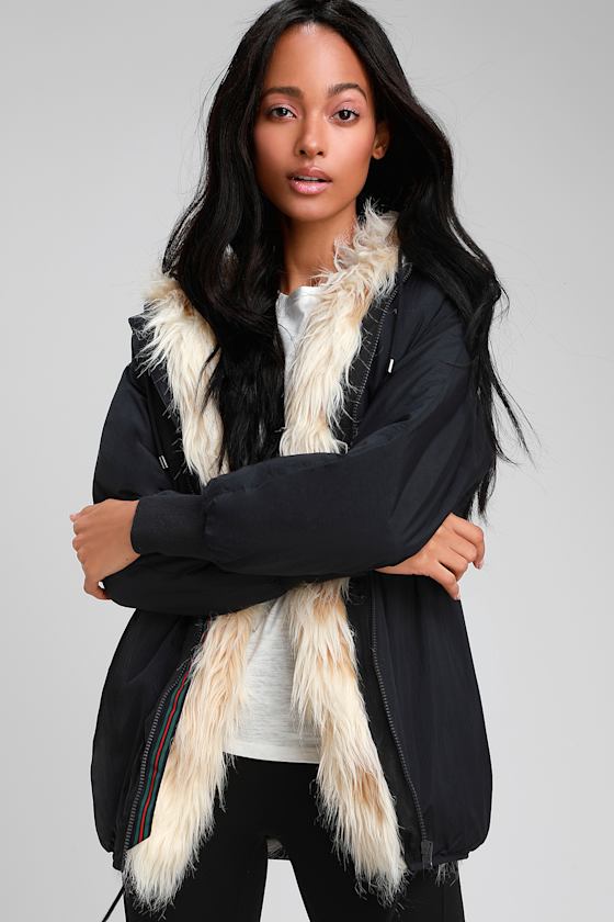 RD Style - Black Faux Fur Lined Jacket - Black Hooded Jacket - Lulus