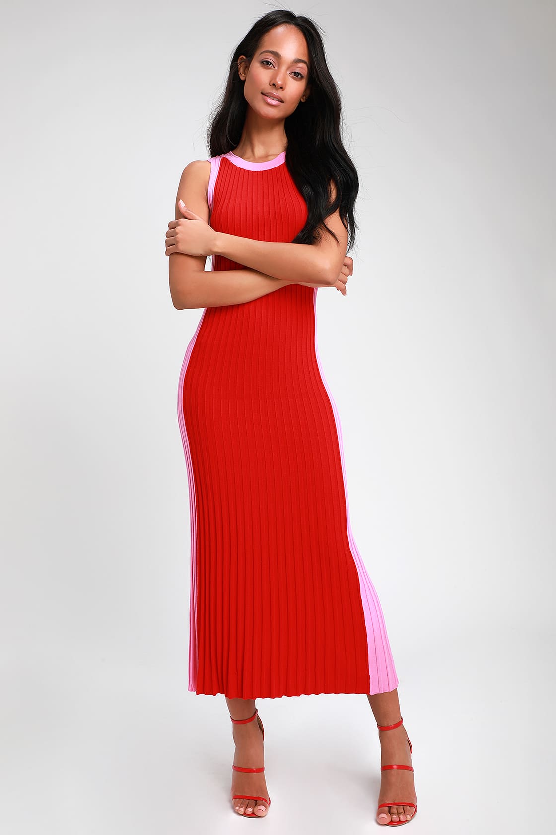 Cool Red Color Block Dress - Ribbed Knit Midi Dress - Knit Dress - Lulus