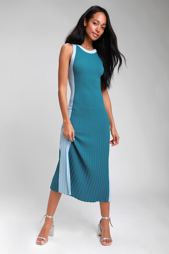 Teal Blue Color Block Dress - Ribbed Knit Midi Dress - Knit Dress - Lulus