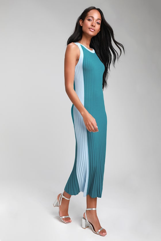 Teal Blue Color Block Dress - Ribbed Knit Midi Dress - Knit Dress - Lulus