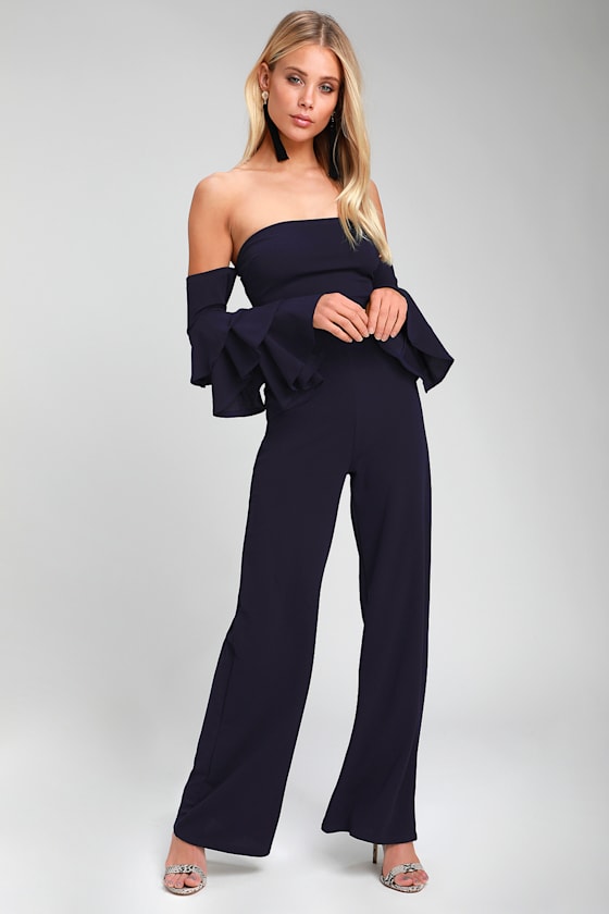 Sexy Navy Blue Jumpsuit - OTS Jumpsuit - Flounce Sleeve Jumpsuit - Lulus