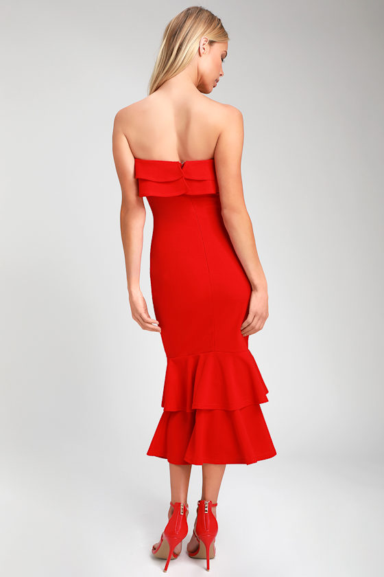 Glam Red Midi Dress - Strapless Midi Dress - Ruffled Midi Dress - Lulus