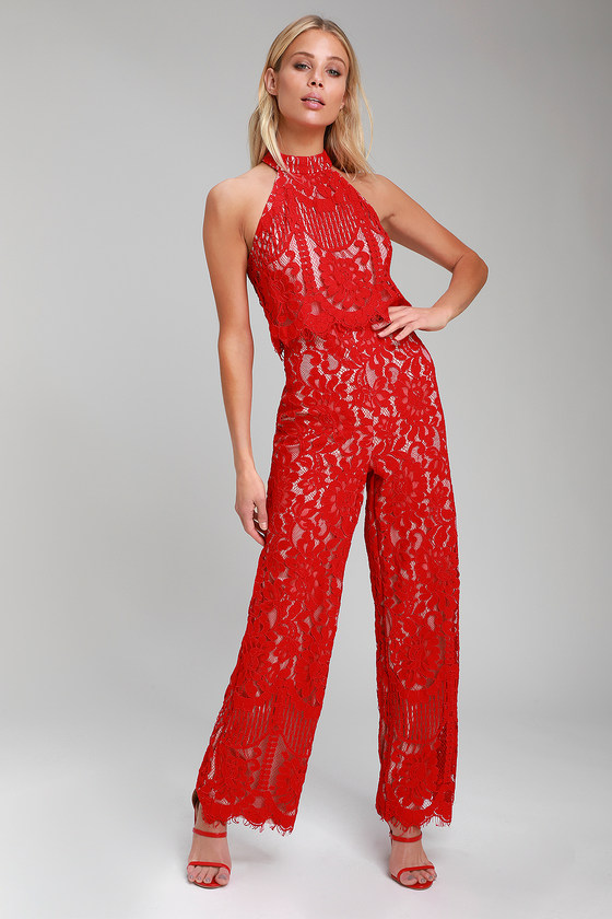 Cute Red Jumpsuit Lace Jumpsuit Halter Jumpsuit Jumpsuit Lulus