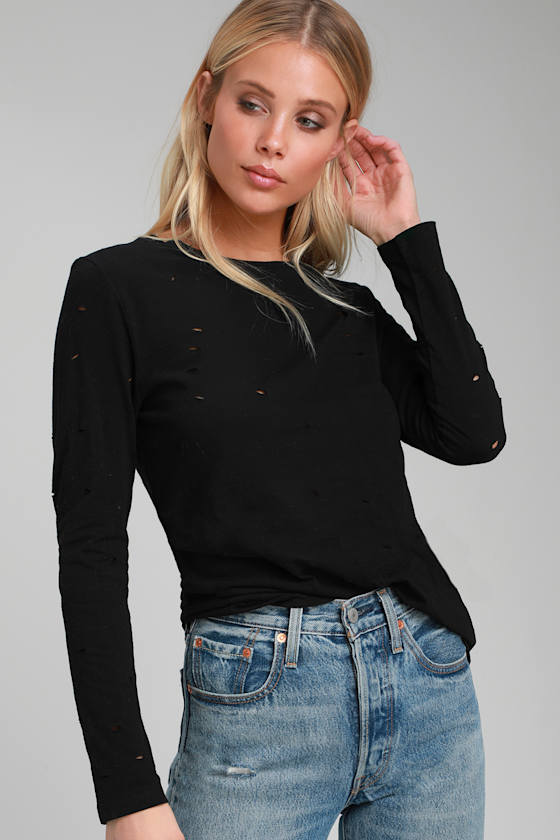 Cute Black Tee - Distressed Tee - Black Long Sleeve Tee - Lulus