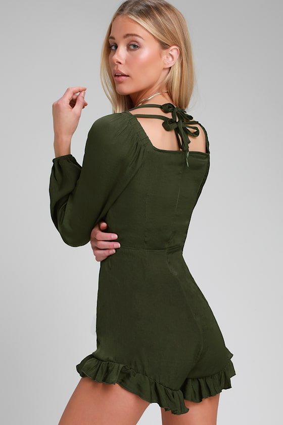 Chic Satin Romper - Olive Green Romper - Tie-Front Romper - Lulus