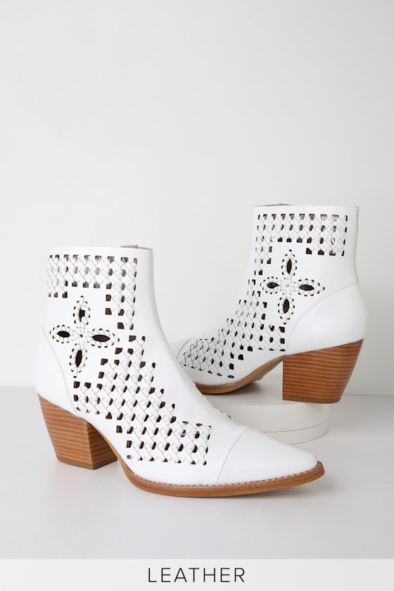 Matisse Bello - White Leather Pointed Toe Booties - Woven Booties - Lulus