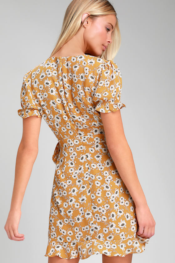 Cute Yellow Dress Floral Print Dress Yellow Wrap Dress Lulus