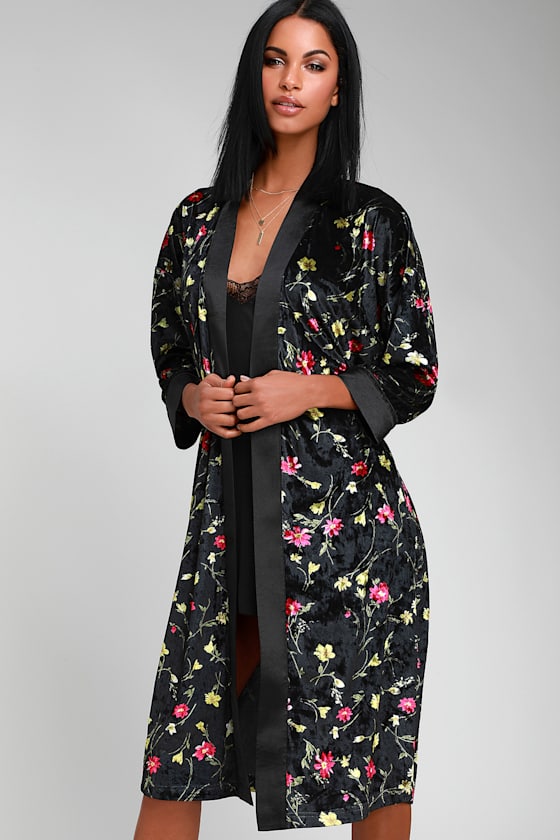 Luxe Black Robe - Black Floral Print Robe - Black Velvet Robe - Lulus