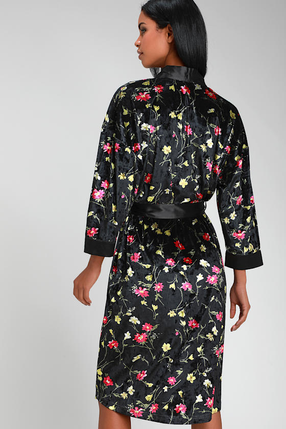 Luxe Black Robe - Black Floral Print Robe - Black Velvet Robe - Lulus