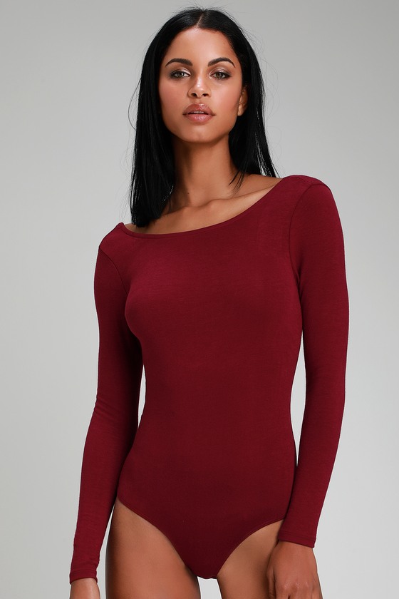 Fun Burgundy Bodysuit Long Sleeve Bodysuit Scoopback Bodysuit Lulus