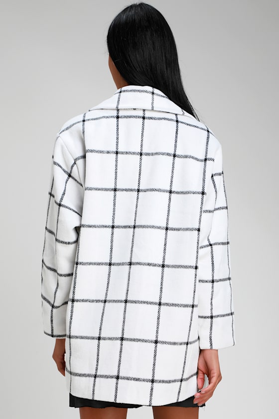 Chic White Grid Print Coat - Oversized Coat - Collared Coat - Lulus