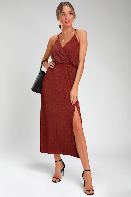 Cute Rust Red Dress - Rust Midi Dress - Surplice Midi Dress - Lulus