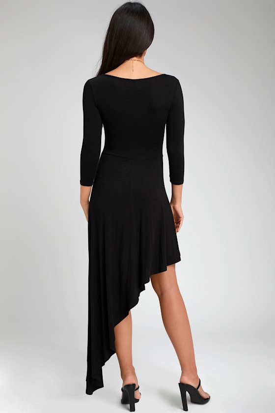 Cute Black Dress - Half-Sleeve Dress - Asymmetrical Midi Dress - Lulus