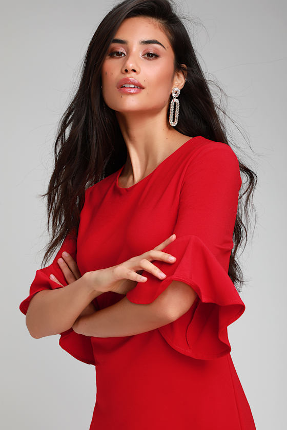 Chic Red Shift Dress - Flounce Sleeve Dress - Ruffle Shift Dress - Lulus