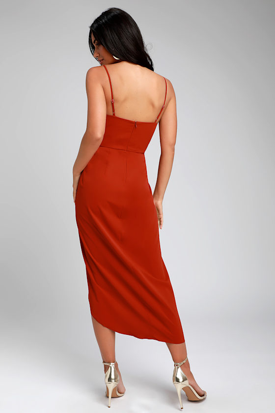 Lovely Rust Red Dress - Midi Dress - High-Low Dress - Wrap Dress