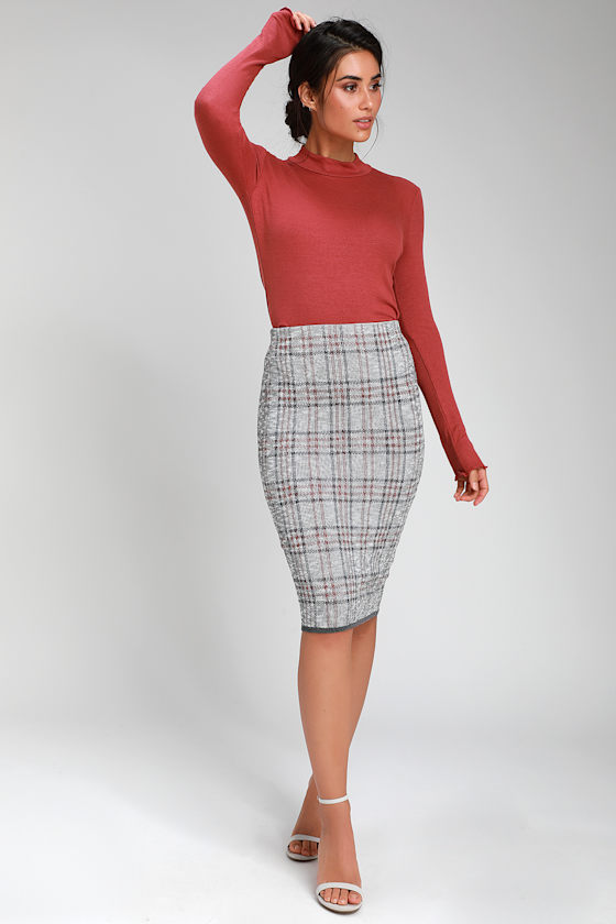 Chic Plaid Skirt - Ribbed Knit Skirt - Bodycon Skirt - Midi Skirt - Lulus