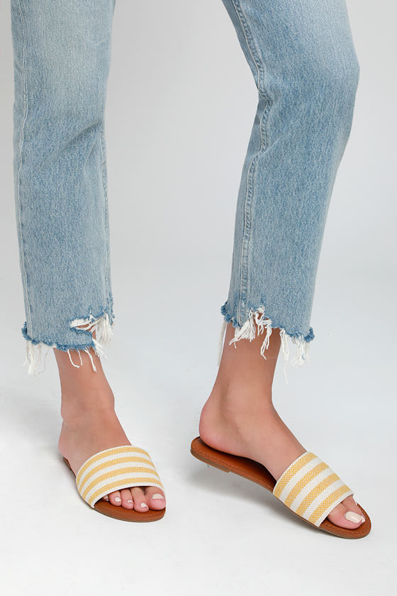 Cute Yellow Slides - Striped Slide Sandals - Flat Slide Sandals - Lulus