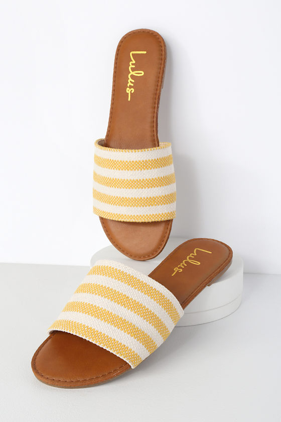 Cute Yellow Slides - Striped Slide Sandals - Flat Slide Sandals - Lulus