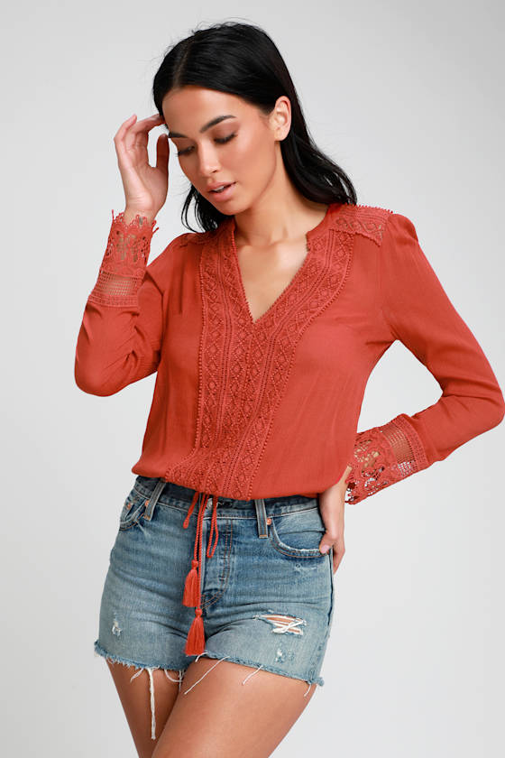 Boho Rust Orange Top - Lace Top - Long Sleeve Top - Blouse - Lulus