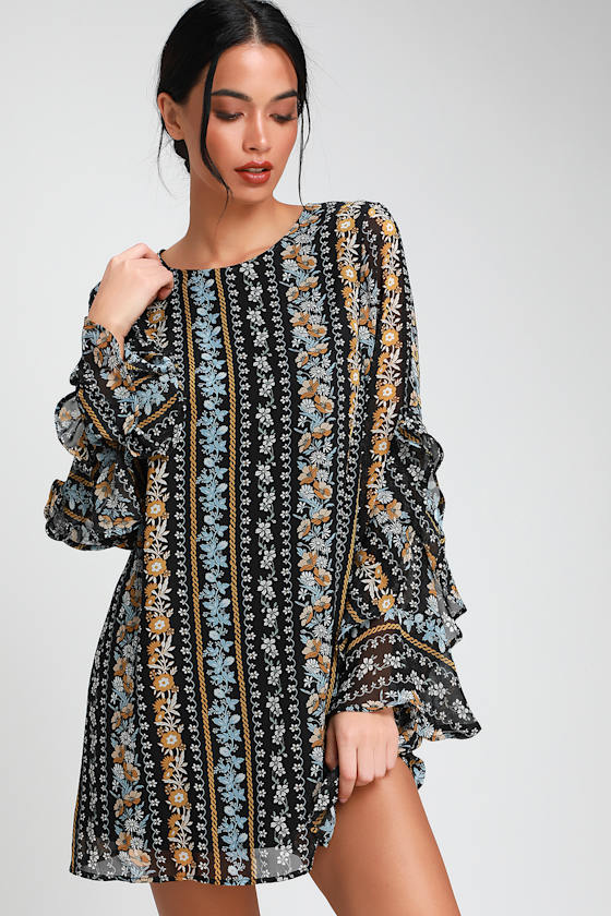 Lovely Black Floral Print Dress - Shift Dress - Long Sleeve Dress - Lulus
