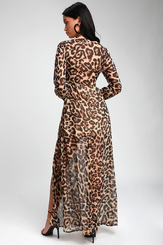 Sexy Brown Leopard Print Dress Long Sleeve Dress Maxi Dress Lulus
