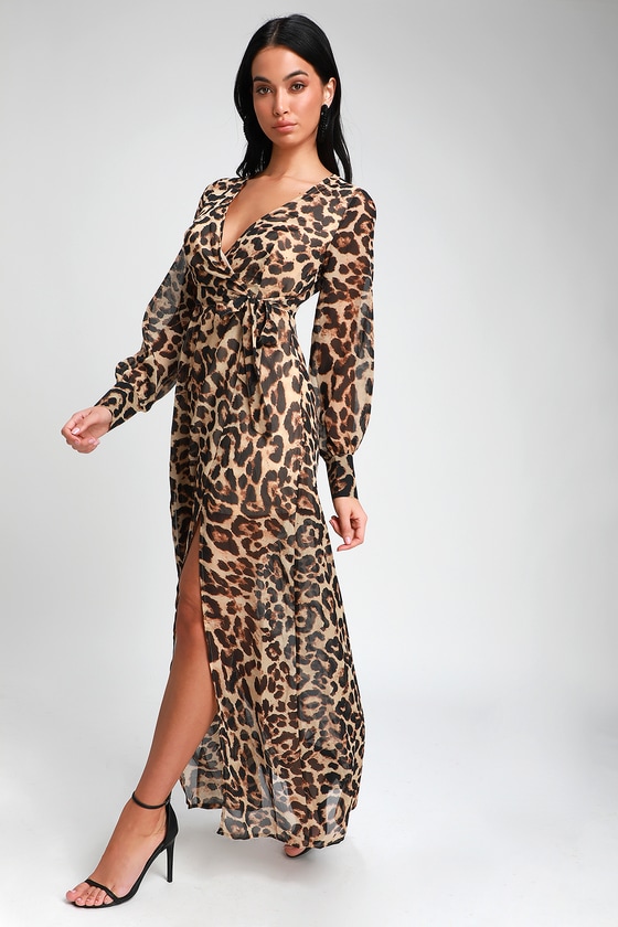 Sexy Brown Leopard Print Dress Long Sleeve Dress Maxi Dress